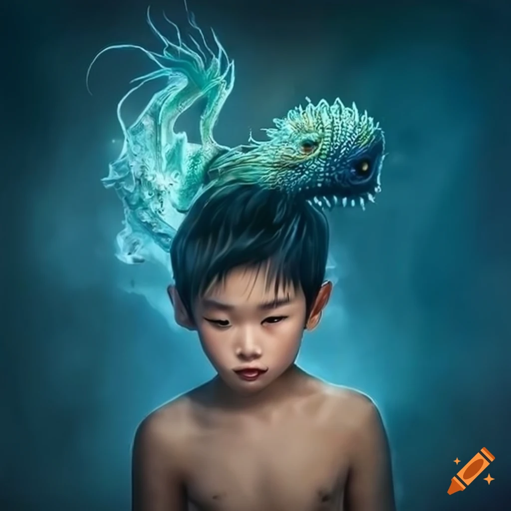 Fusion artwork of an asian boy and sea creature