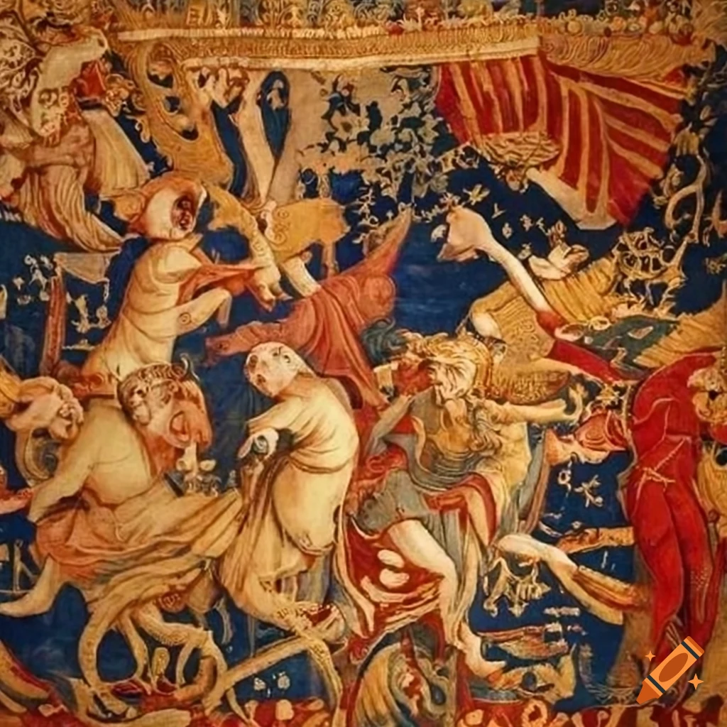 Medieval tapestry of the fall of rome on Craiyon