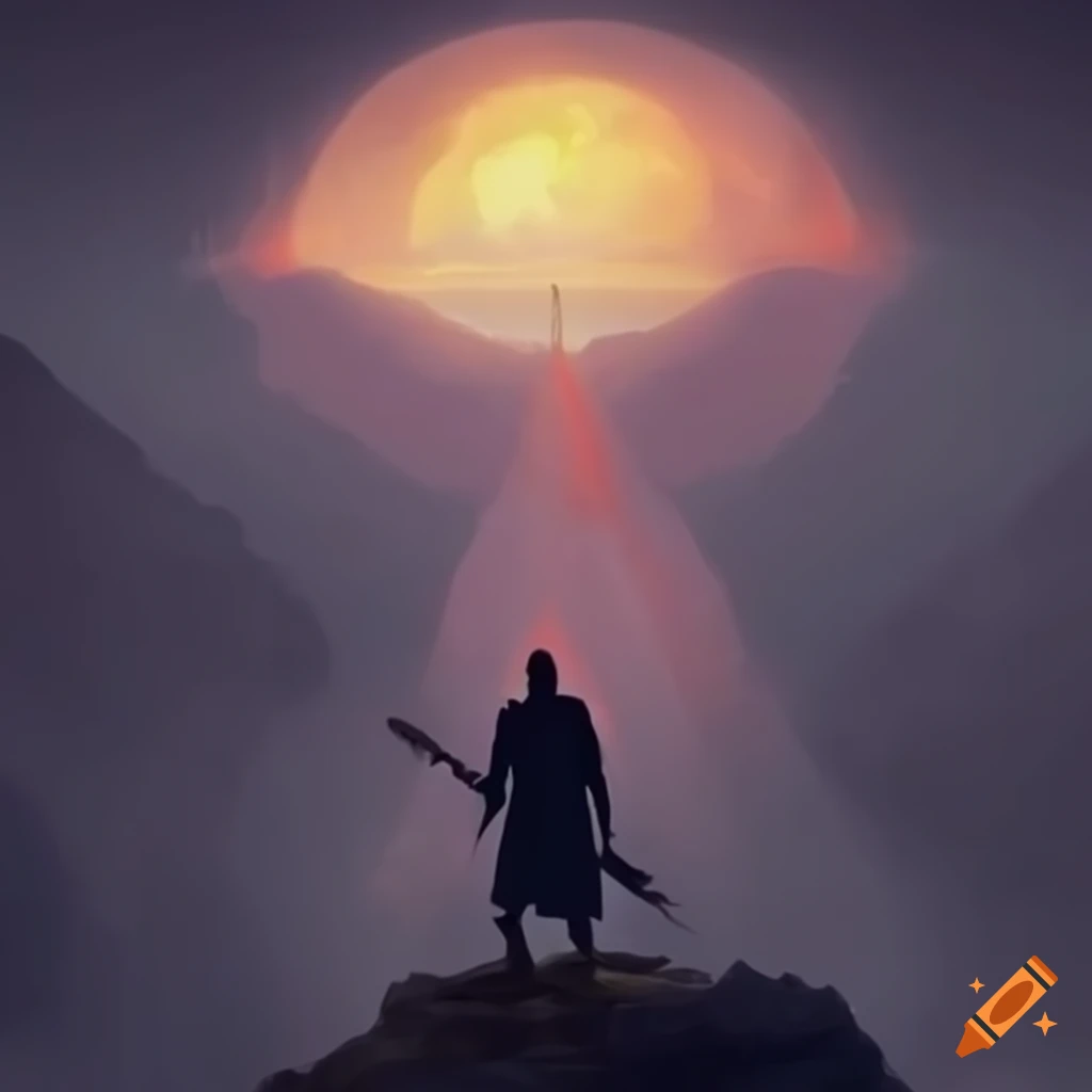 Sunset scene with a hero standing on a mountain