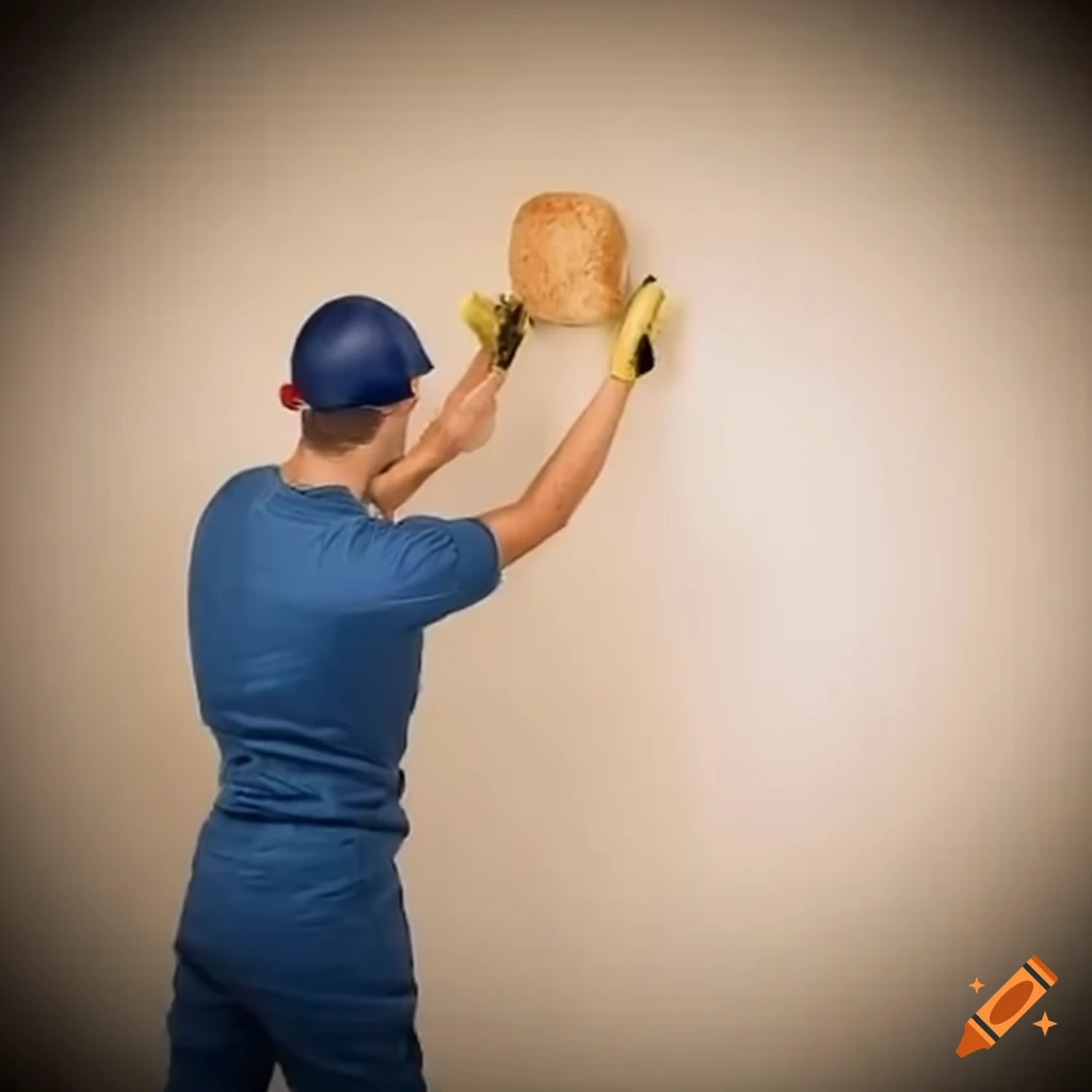 Creative construction worker using bread to fix wall