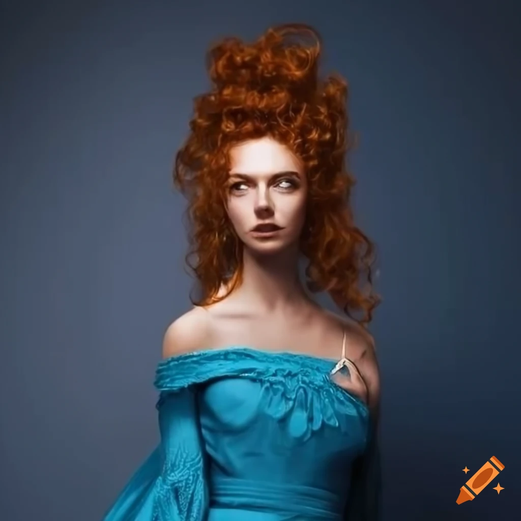 Woman in blue gown with long ginger hair