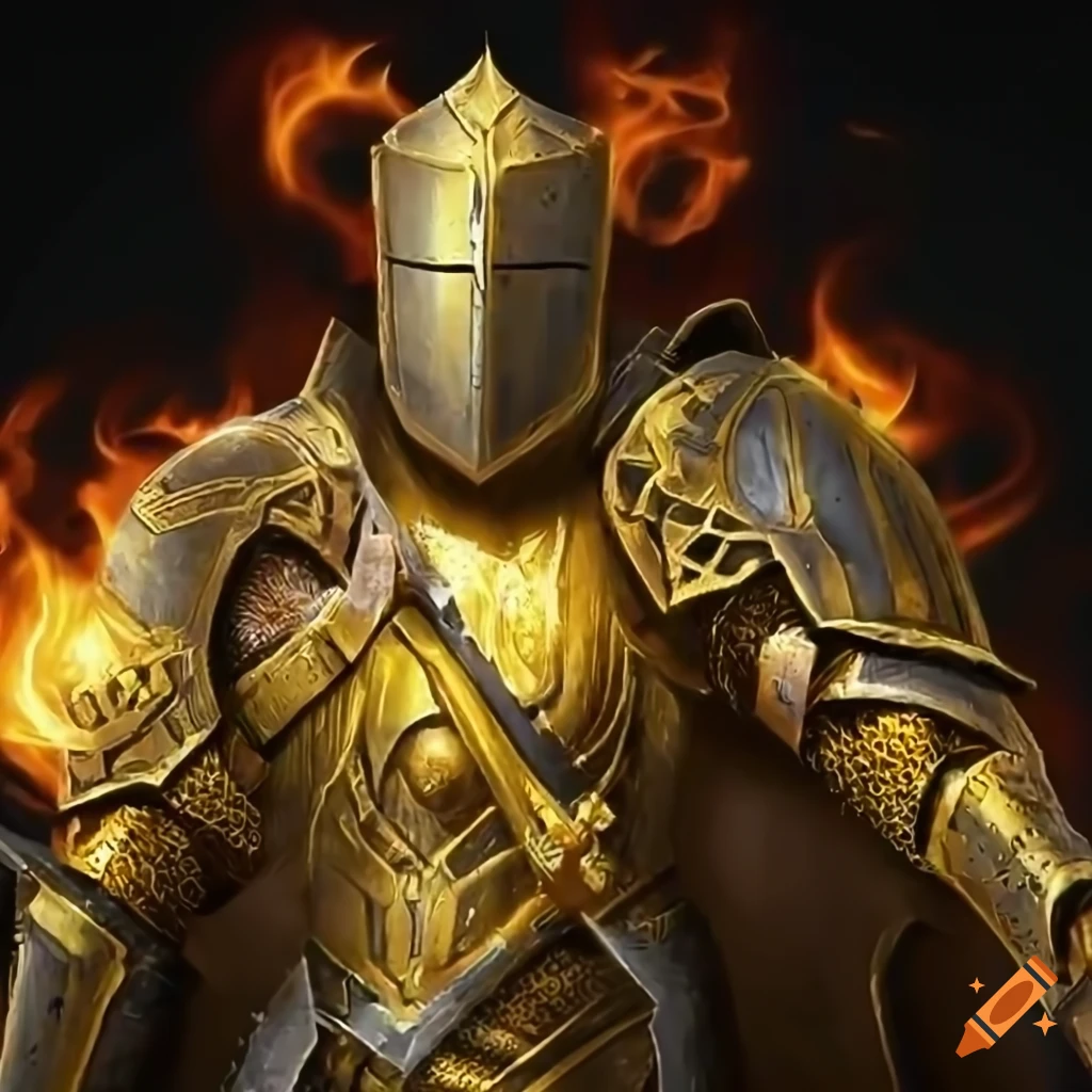 Photorealistic knight in gold with flaming axe