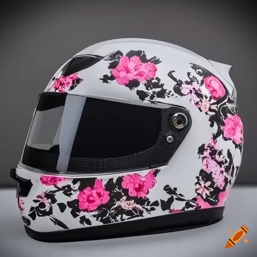 White motorcycle helmet with pink and black floral illustrations