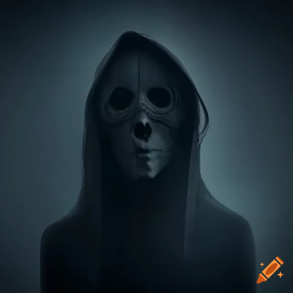 Haunting figures wearing masks in the fog on Craiyon