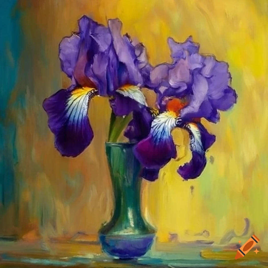 Impressionist painting of irises in a vase