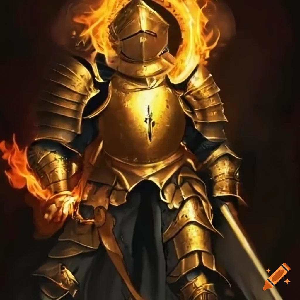 Image of a golden knight with fire in hand
