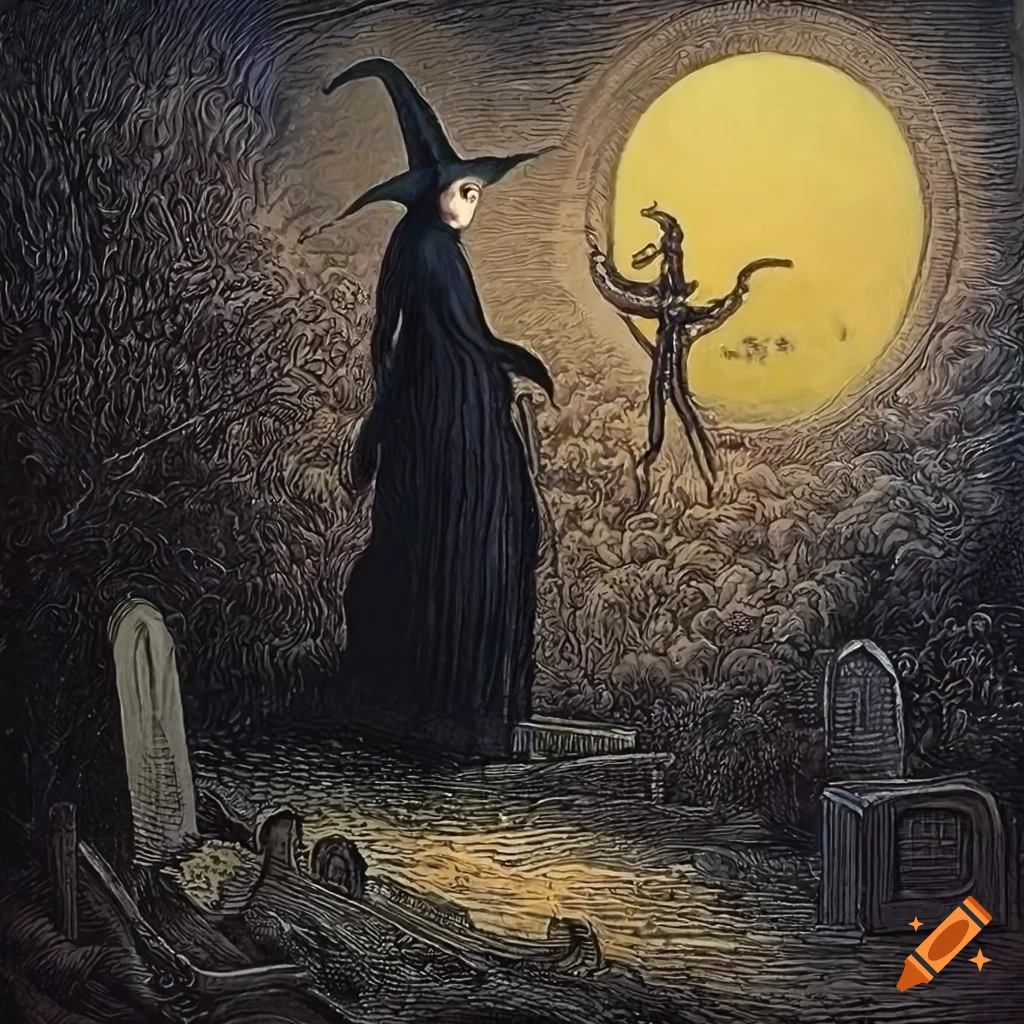 Detailed oil painting of a witch flying over a graveyard on Craiyon