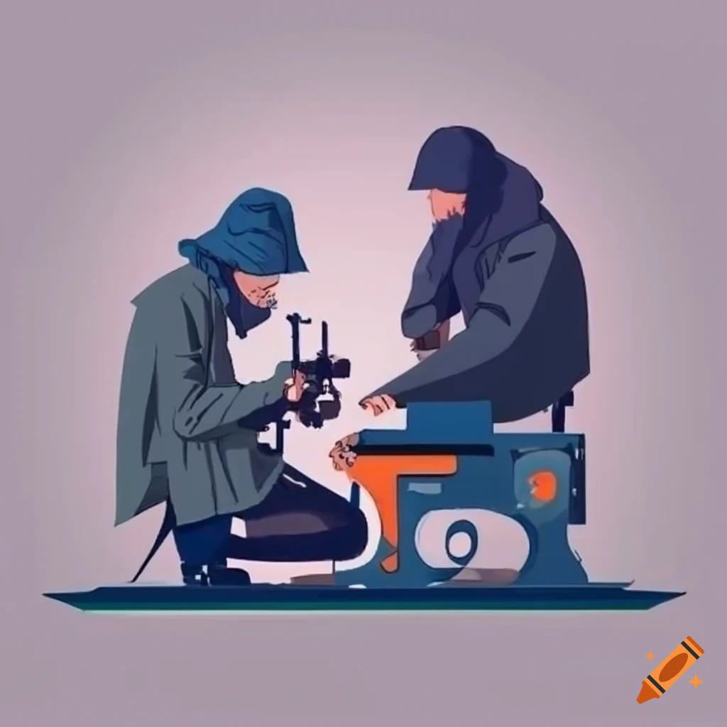 Logo design featuring two men with sewing machines