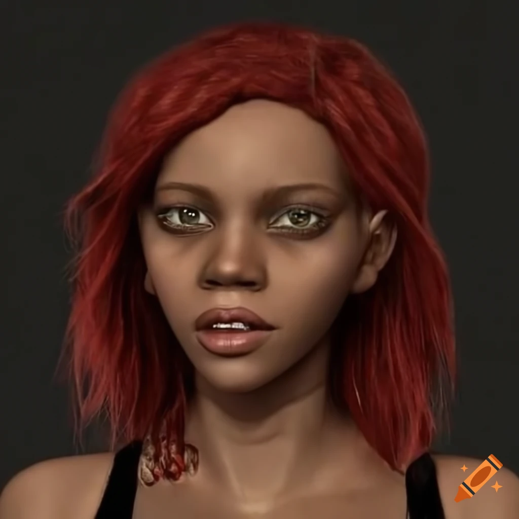 Character design of a maroon-haired humanoid alien woman on Craiyon