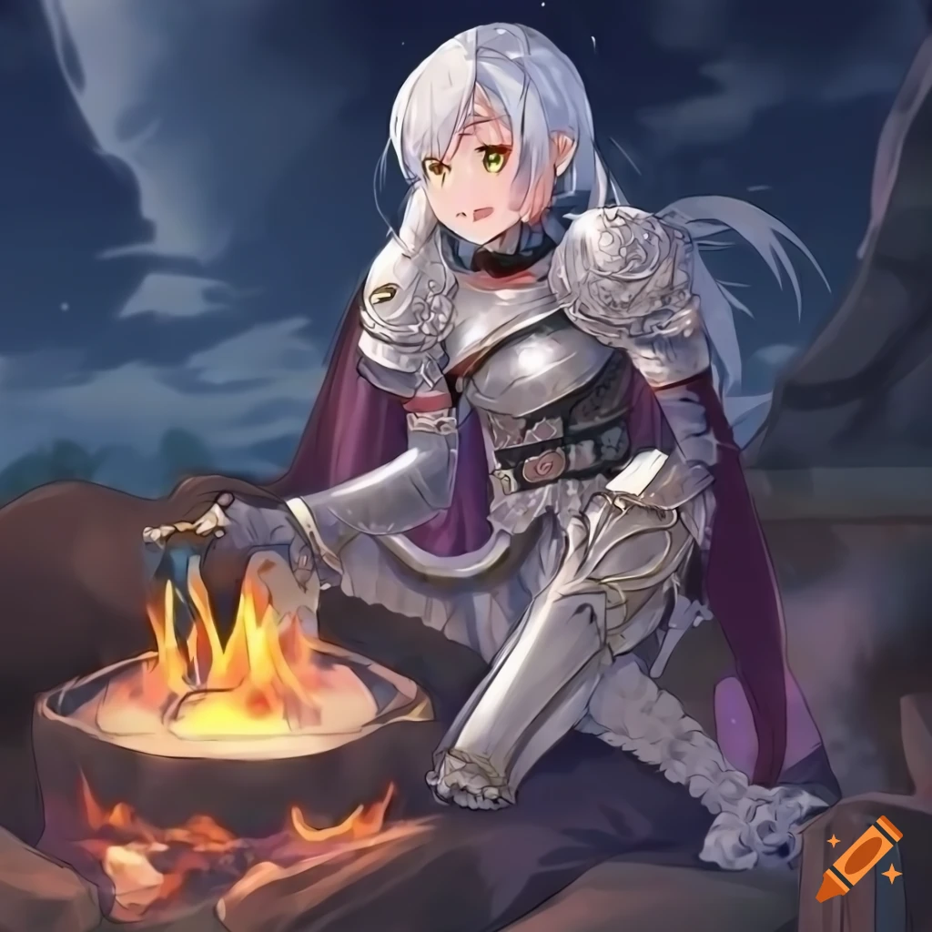 Anime-style knight and guard captain sitting by campfire on Craiyon