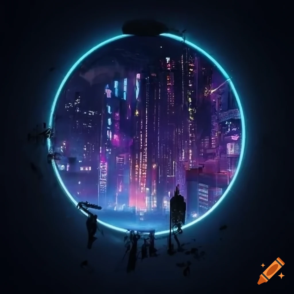 Cyberpunk city with circular walls and neon lights