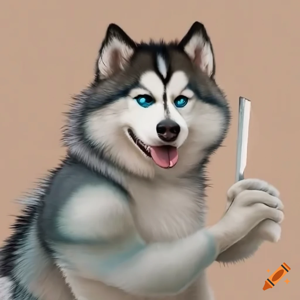 Anthropomorphic furry malamute husky grooming himself on Craiyon
