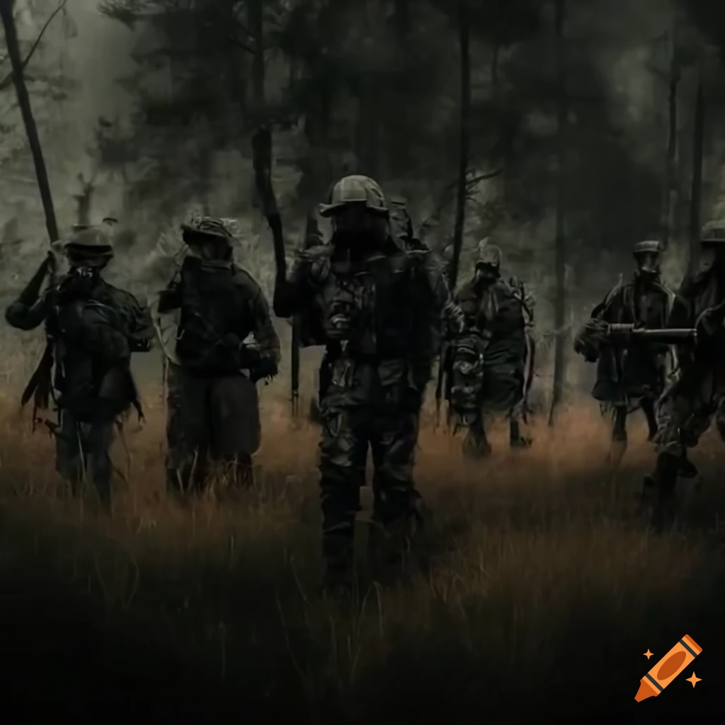 Image of post apocalyptic soldiers in a grassland with fire and smoke