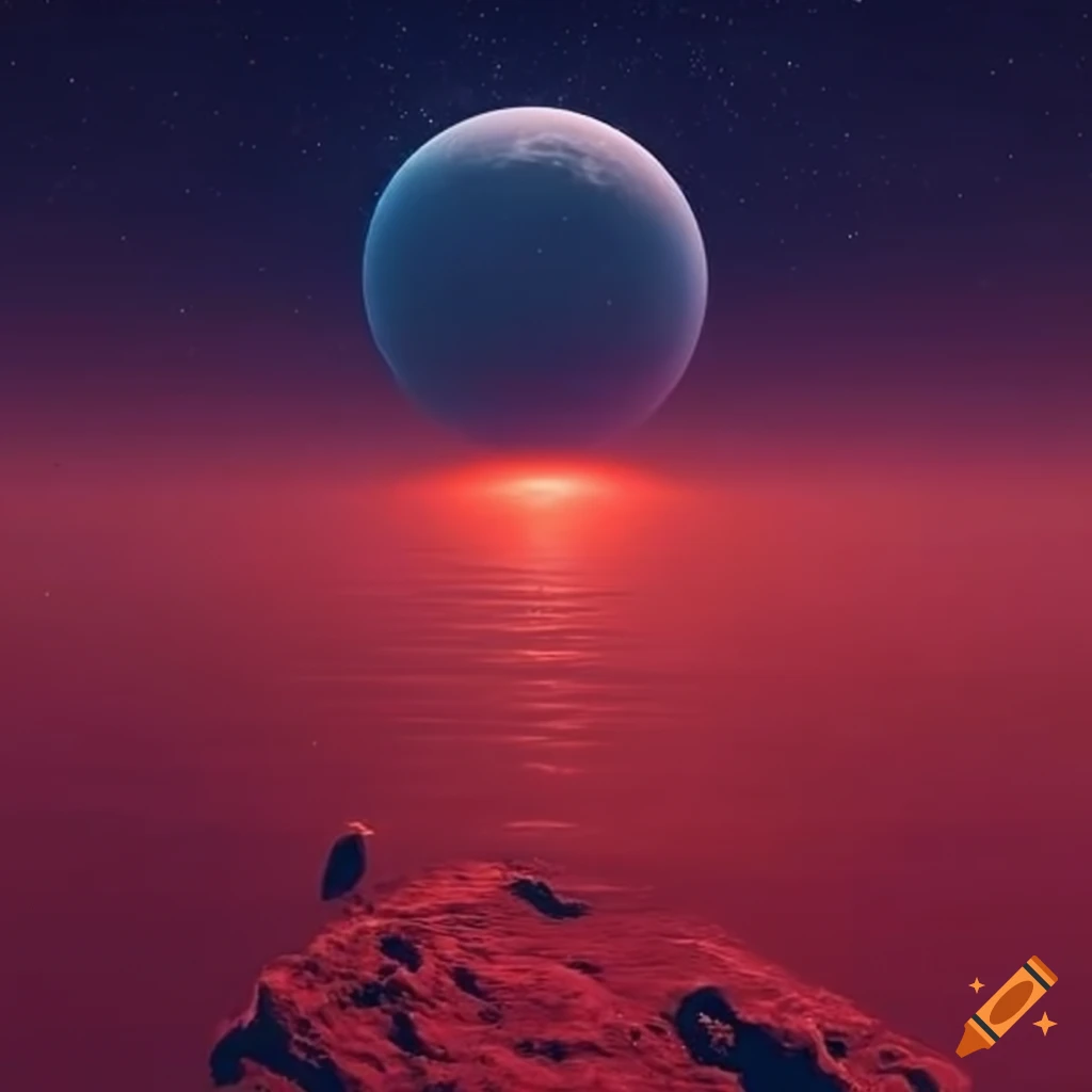 Surreal red horizon on a rocky planet at night