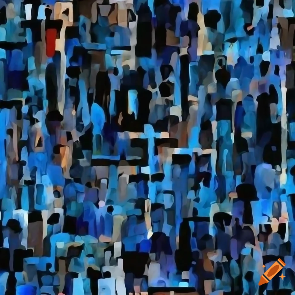 Blue and black mosaic painting of a crowd in a maze