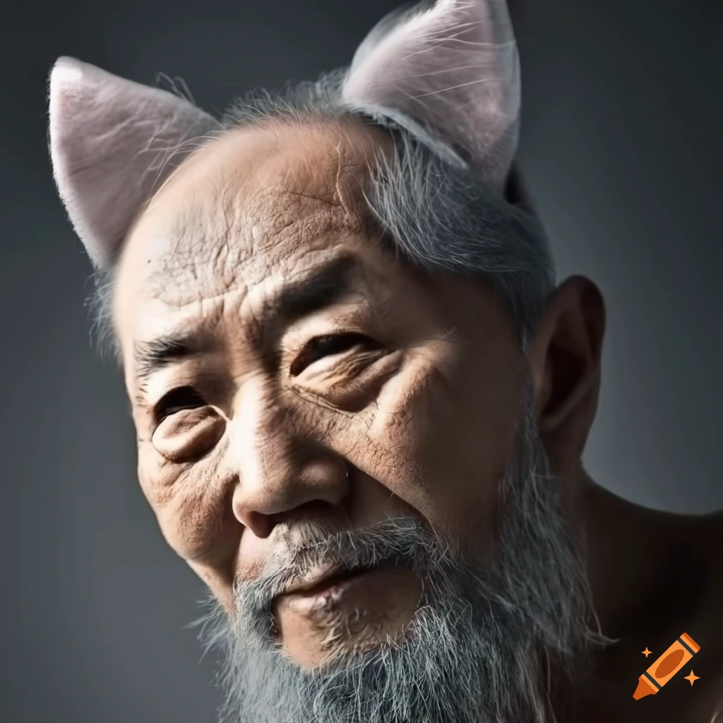 Portrait of an elderly asian man with a big beard and cat ears