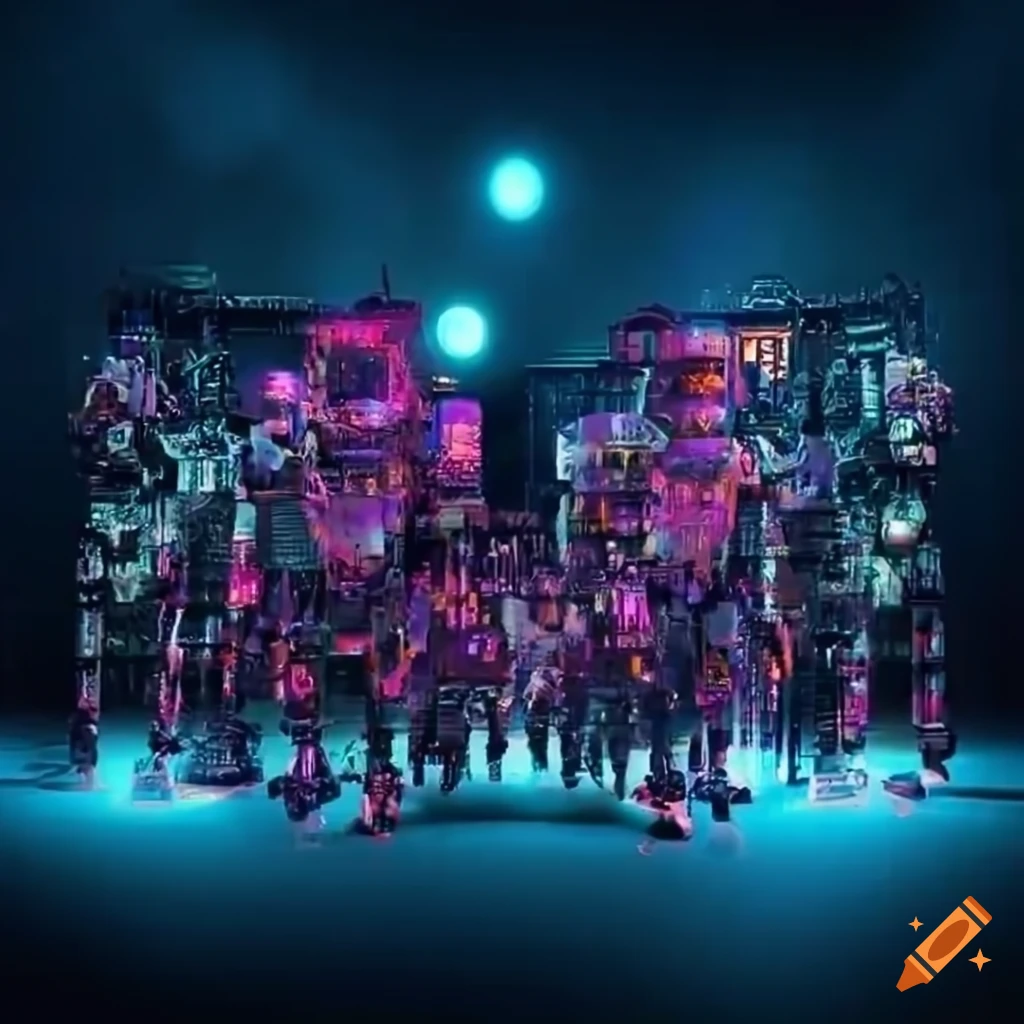 Cyberpunk robots marching in the city