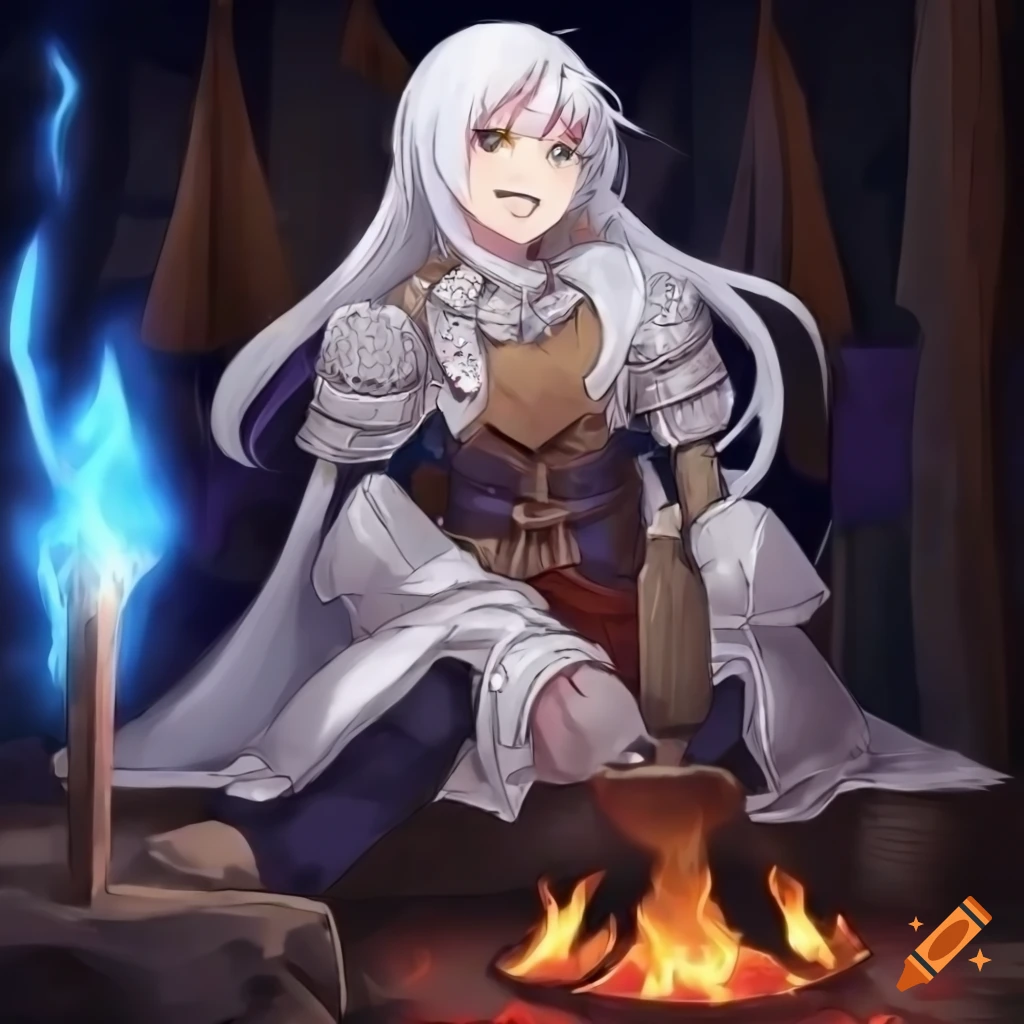 Anime-style knight and guard captain sitting by campfire on Craiyon