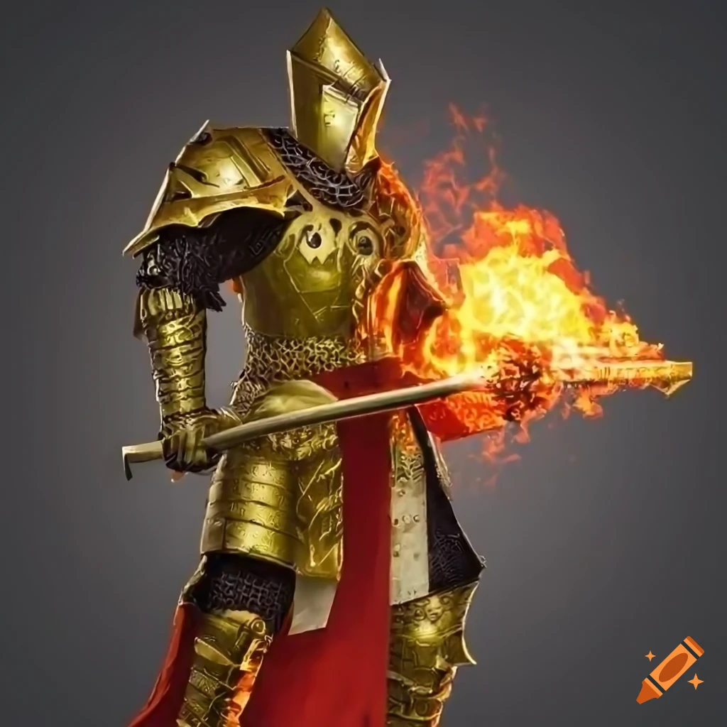 Photorealistic knight with golden chainmail and flaming axe