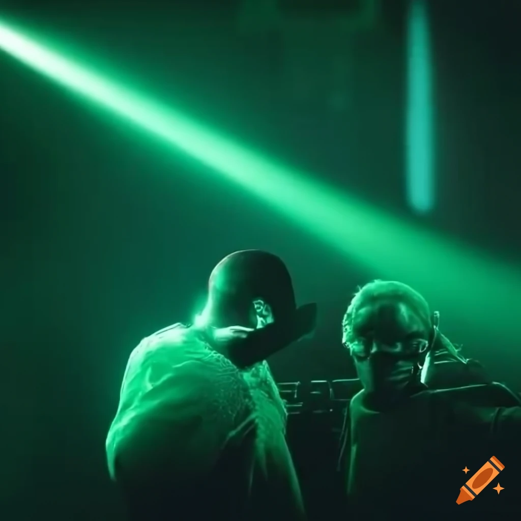 Two djs performing on elevated stage with green lighting