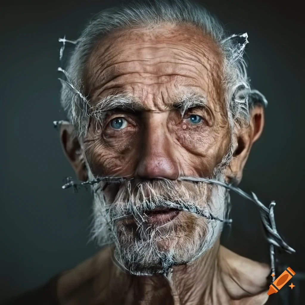 Artistic portrait of an old man with barbed wire