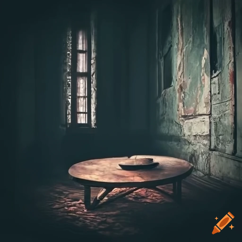 High quality photo of a dilapidated room with a coffee table