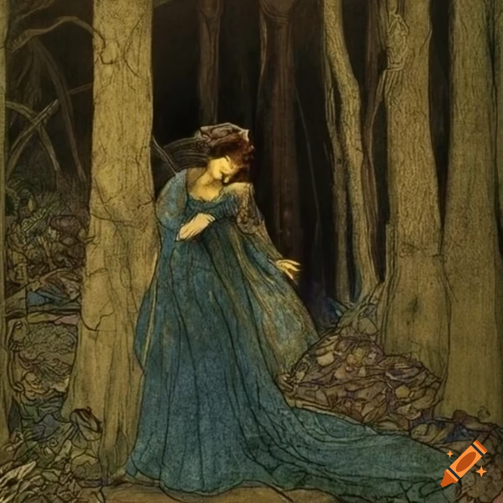 Photographic depiction of lúthien dancing in a forest