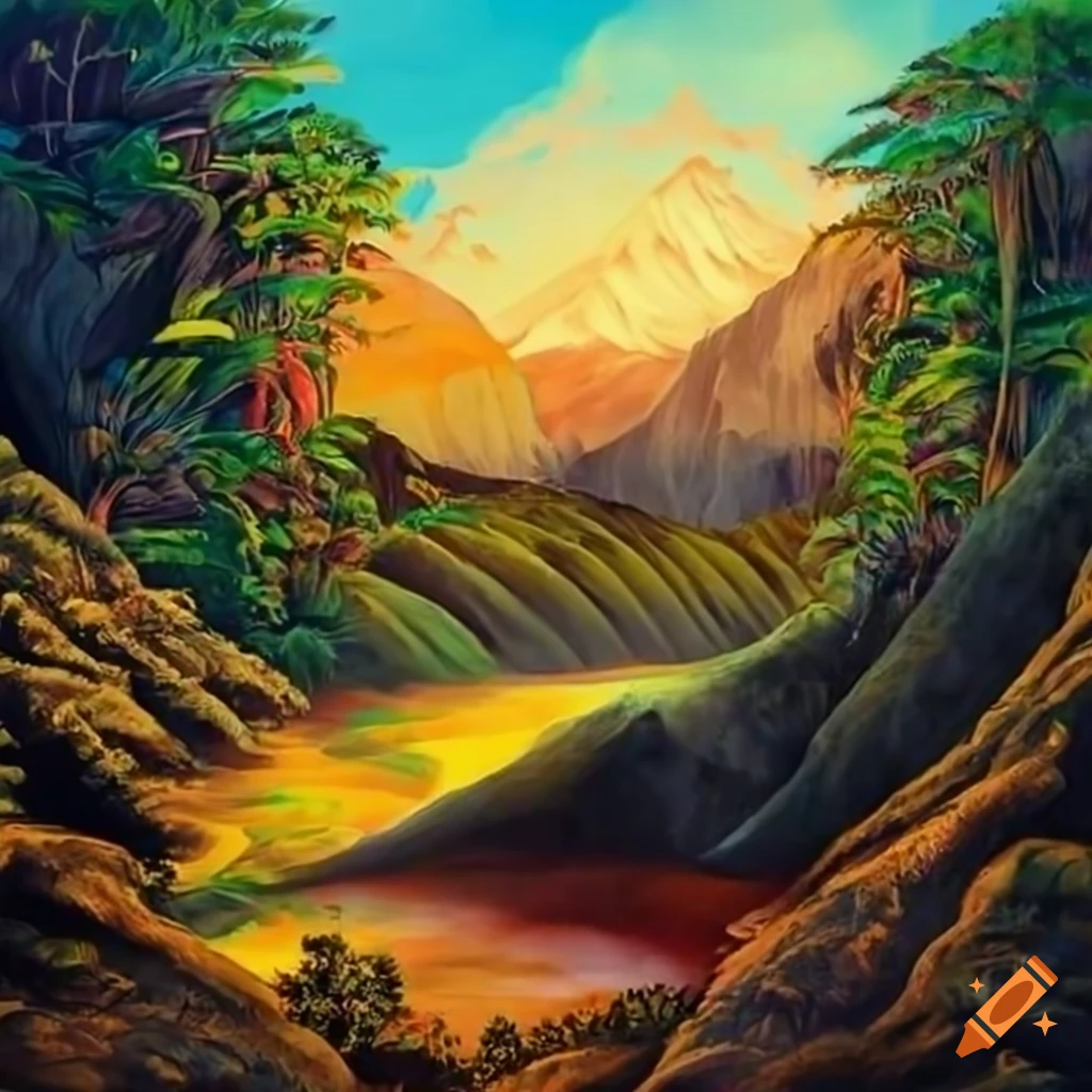 Traditional hawaiian style artwork of mount mona loa