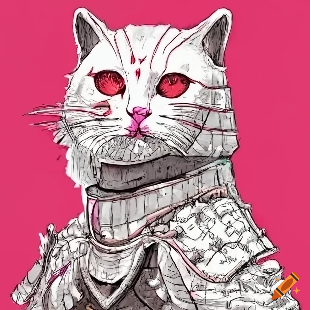 Illustration of a giant white armored cat boss in a video game on Craiyon