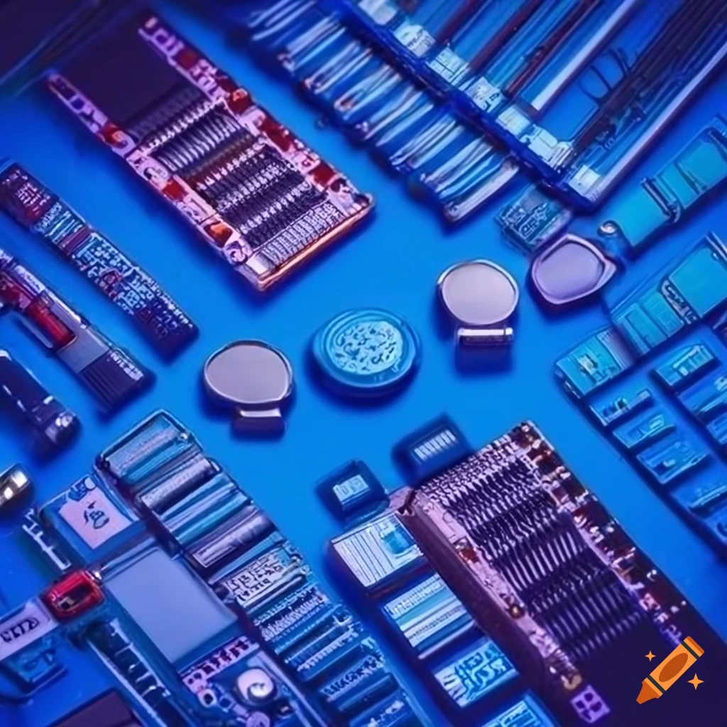 Blue background with multiple electronic components on Craiyon