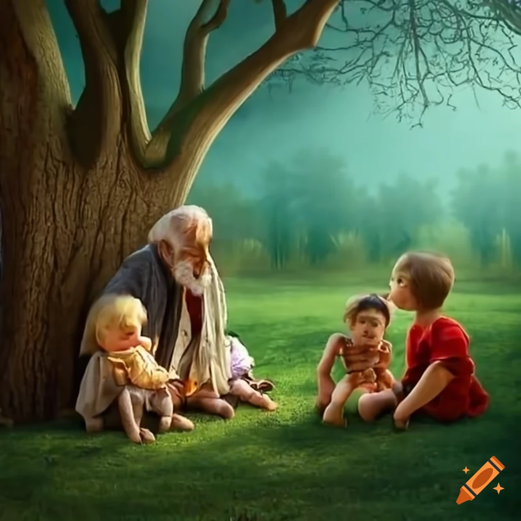 Image of an old man with children under a tree on Craiyon