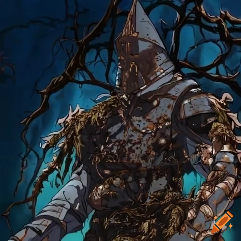 Anime knight covered in moss and vines