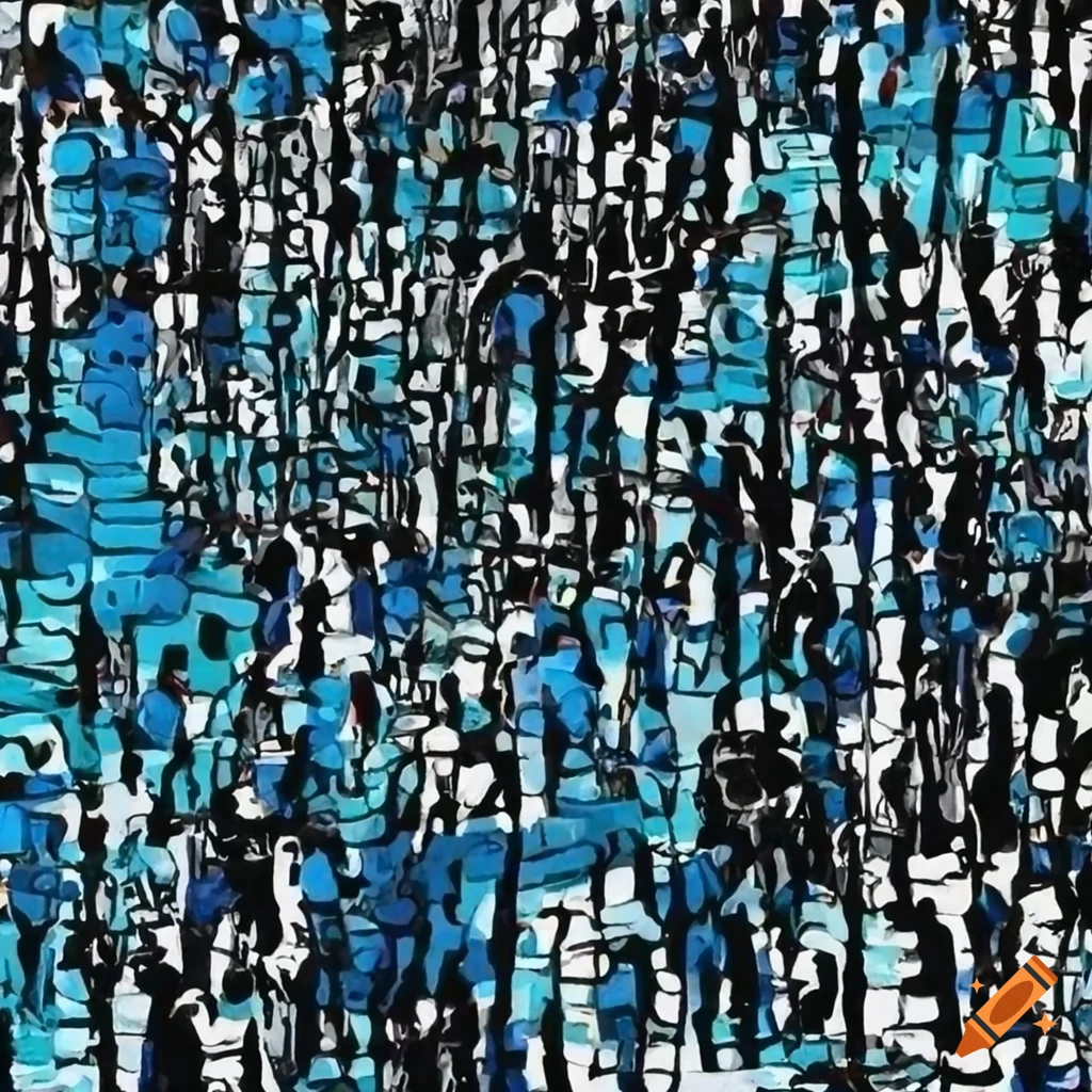 Abstract mosaic painting of a crowd in a maze