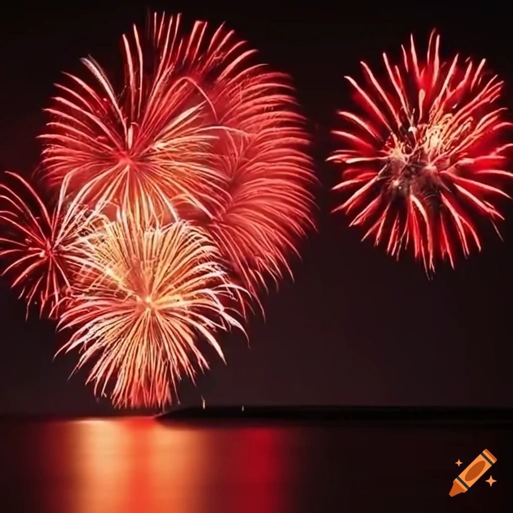 Red fireworks behind a red flag