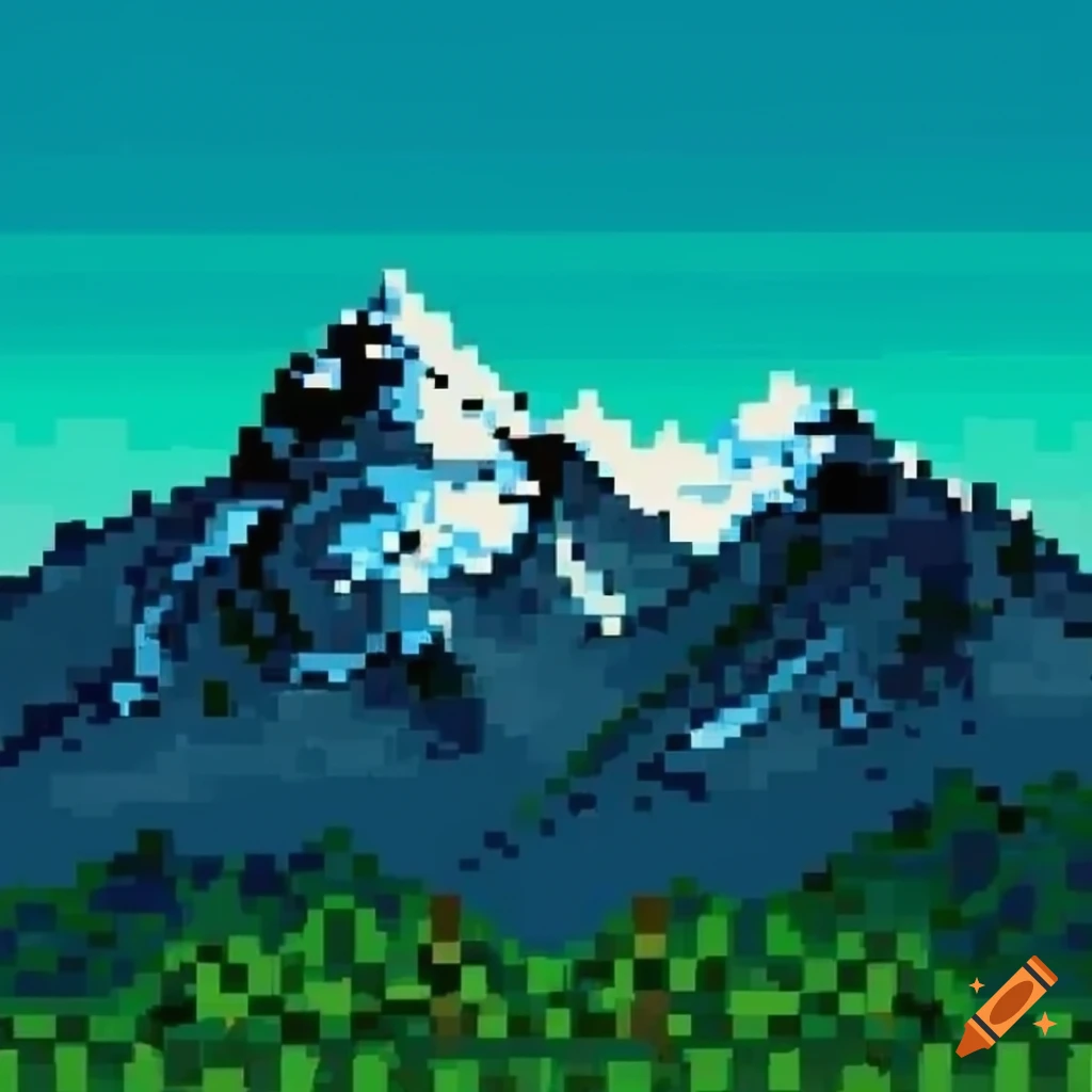 Pixel art of a scenic alpine landscape on Craiyon