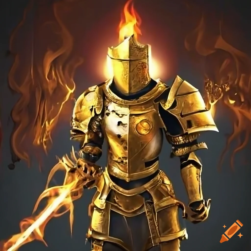 Image of a golden knight with fire in hand