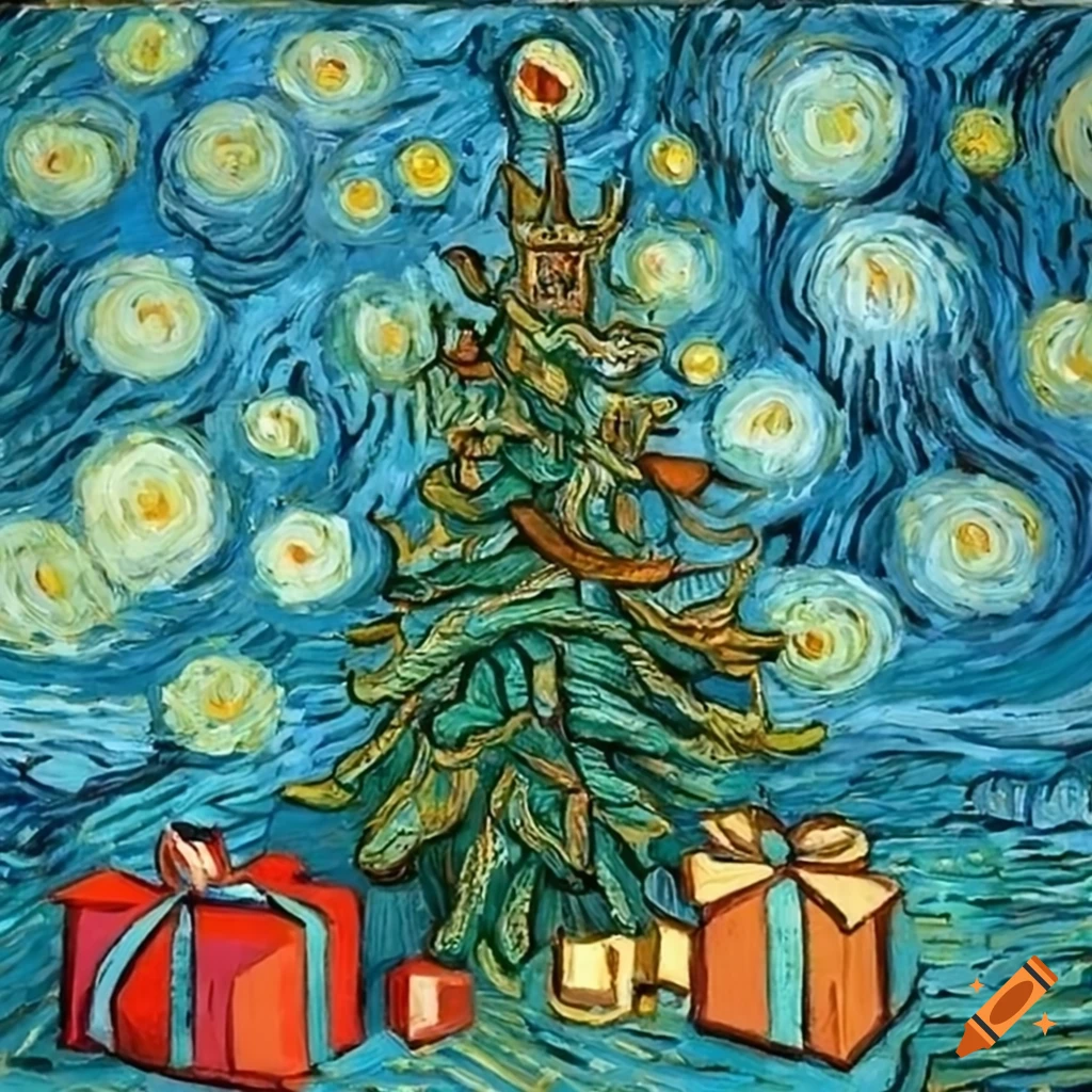 Vincent van gogh style christmas tree with presents