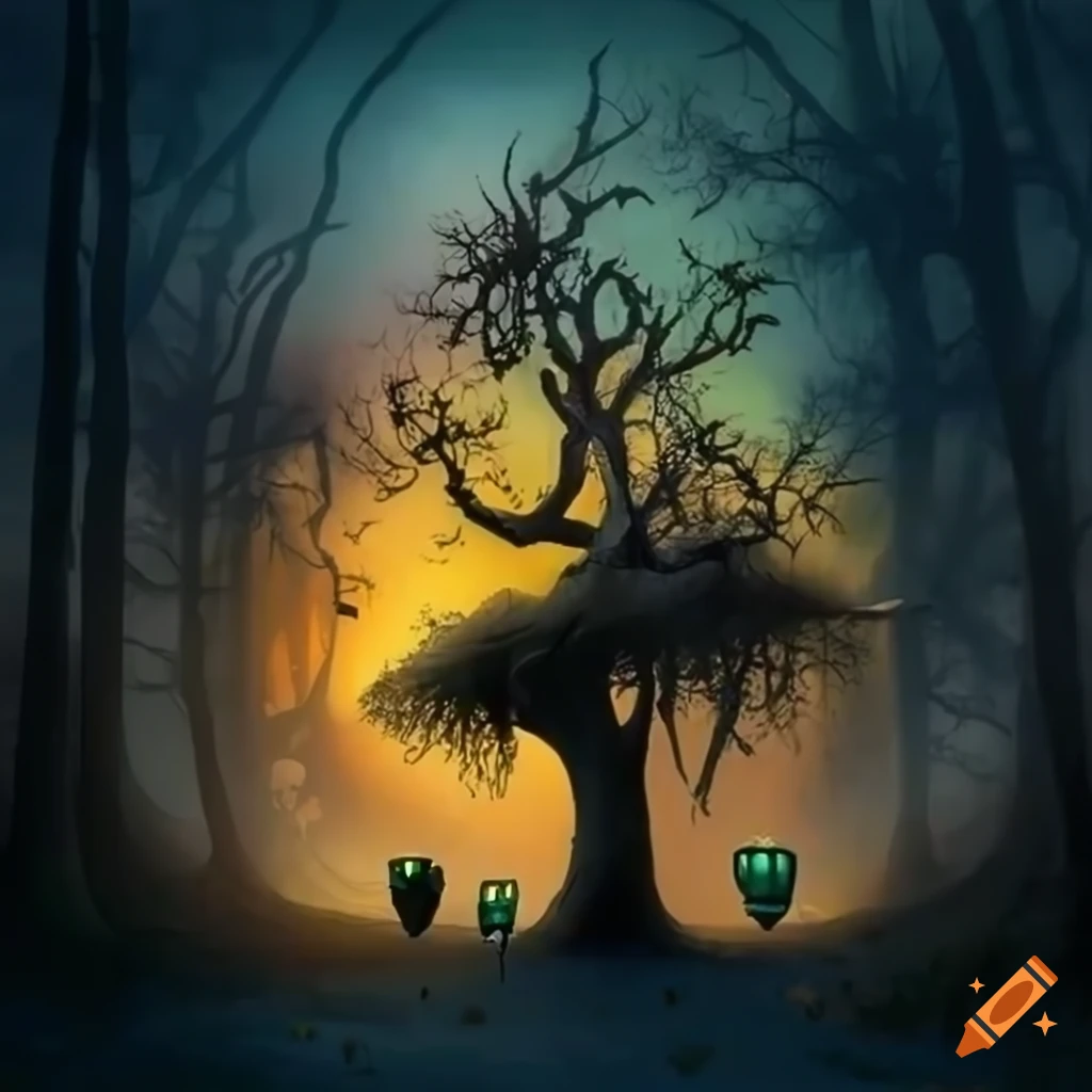 Surreal landscape with strange creatures and fantastical elements