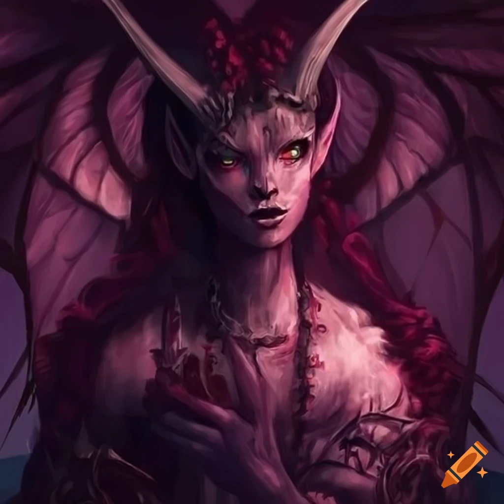 Winged tiefling artwork in a sinister atmosphere