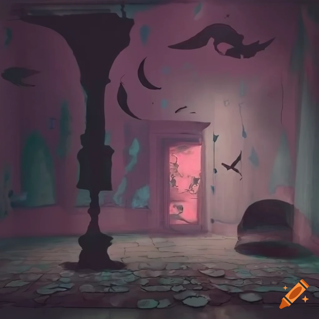 Abstract room with floating words and leaflets on the floor on Craiyon