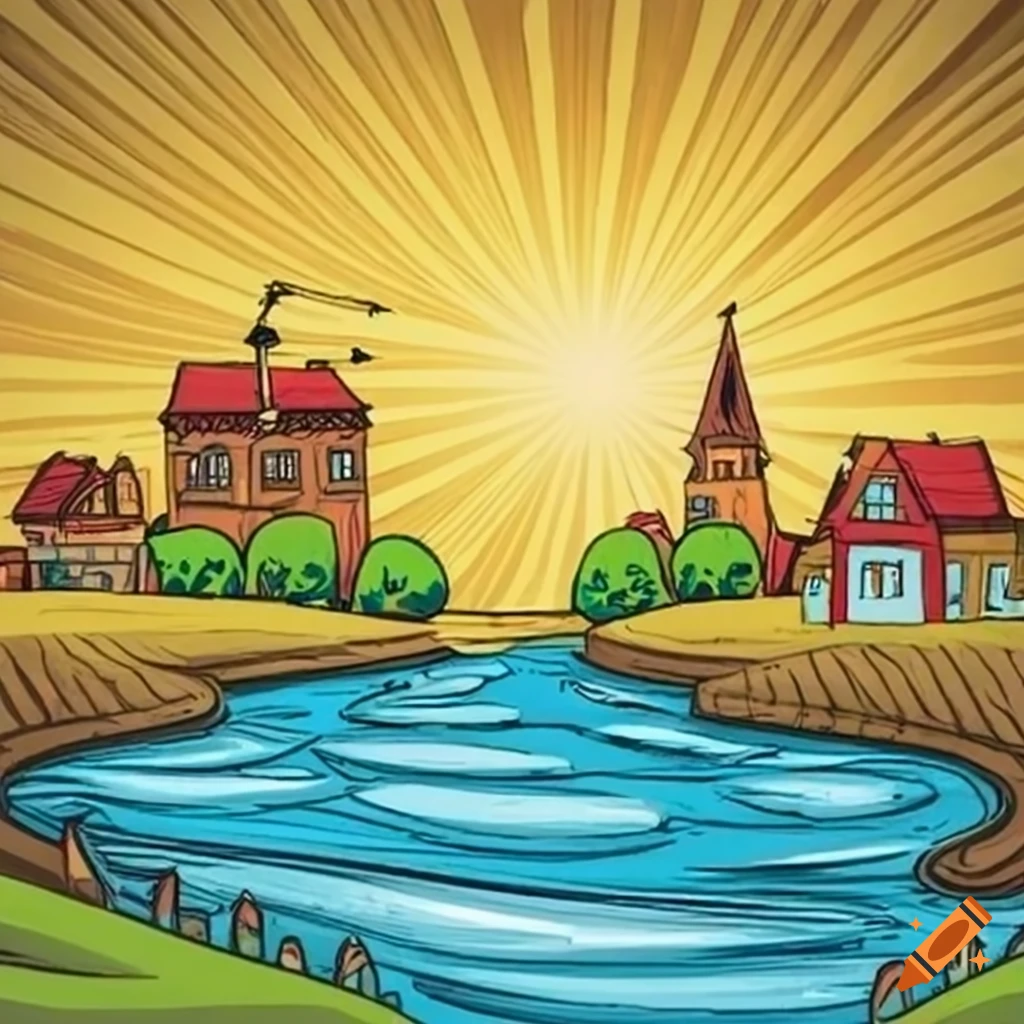 Comic-style illustration of a charming rural town