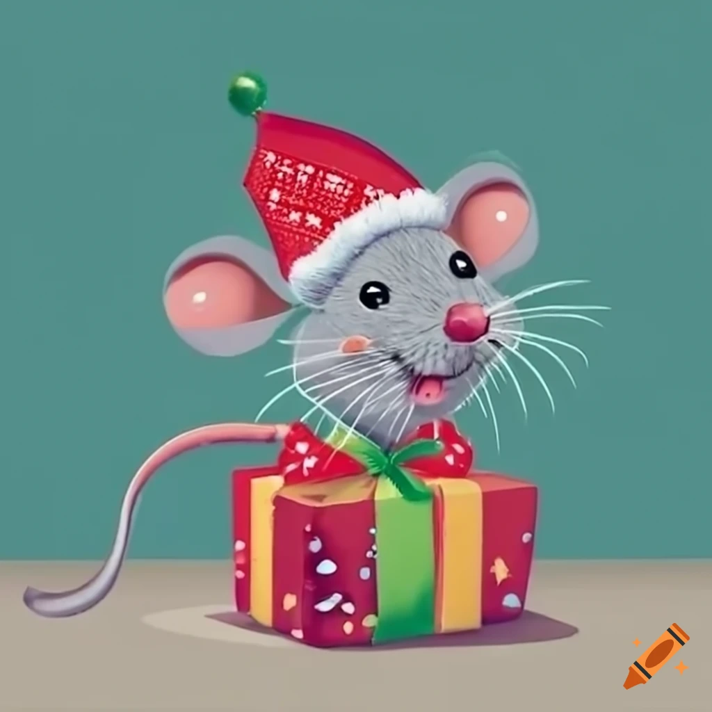 Cute mouse celebrating christmas with a cheese gift