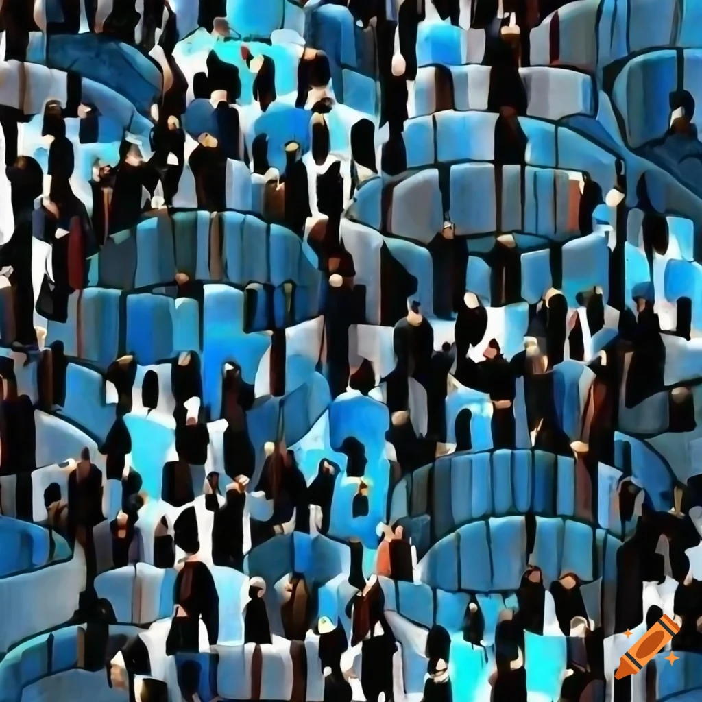 Abstract mosaic painting of a crowd in a maze