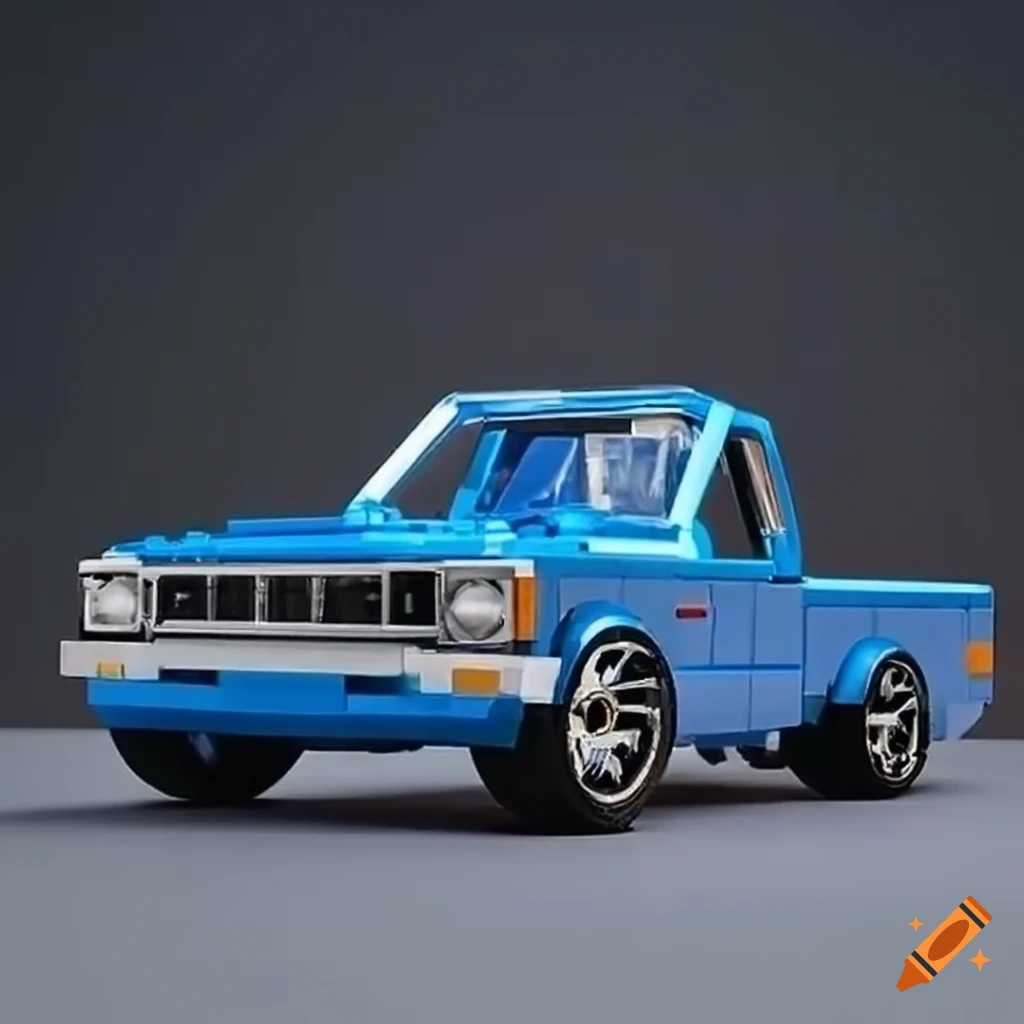 Blue lowered 1979 Toyota pickup with lego chrome rims on Craiyon