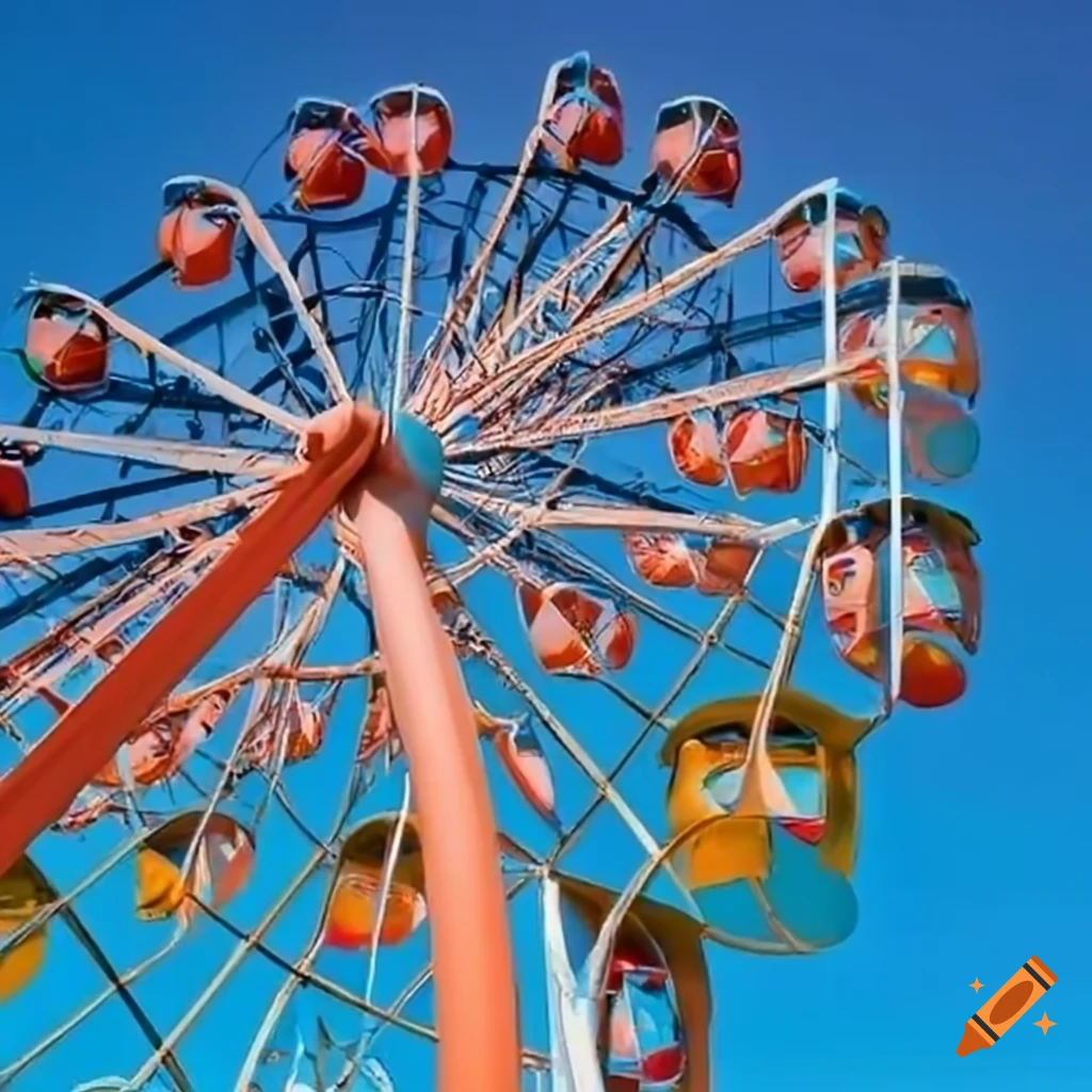 Colorful clay ferris wheel sculpture under blue sky