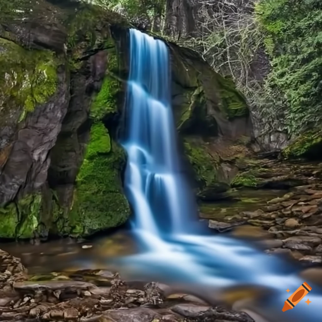 Blue-grey waterfall in the wooden mountains