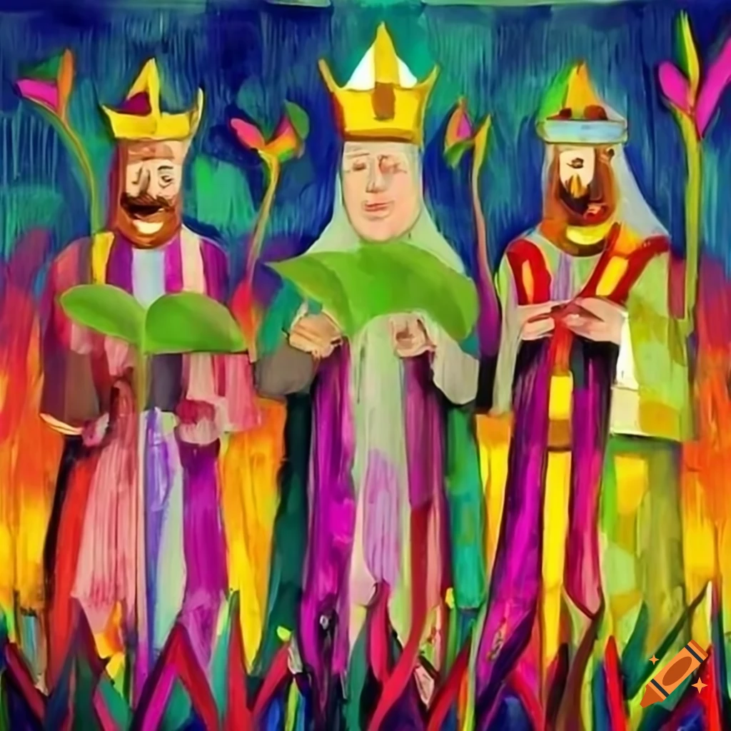 Abstract painting of three wise men in a coffee field