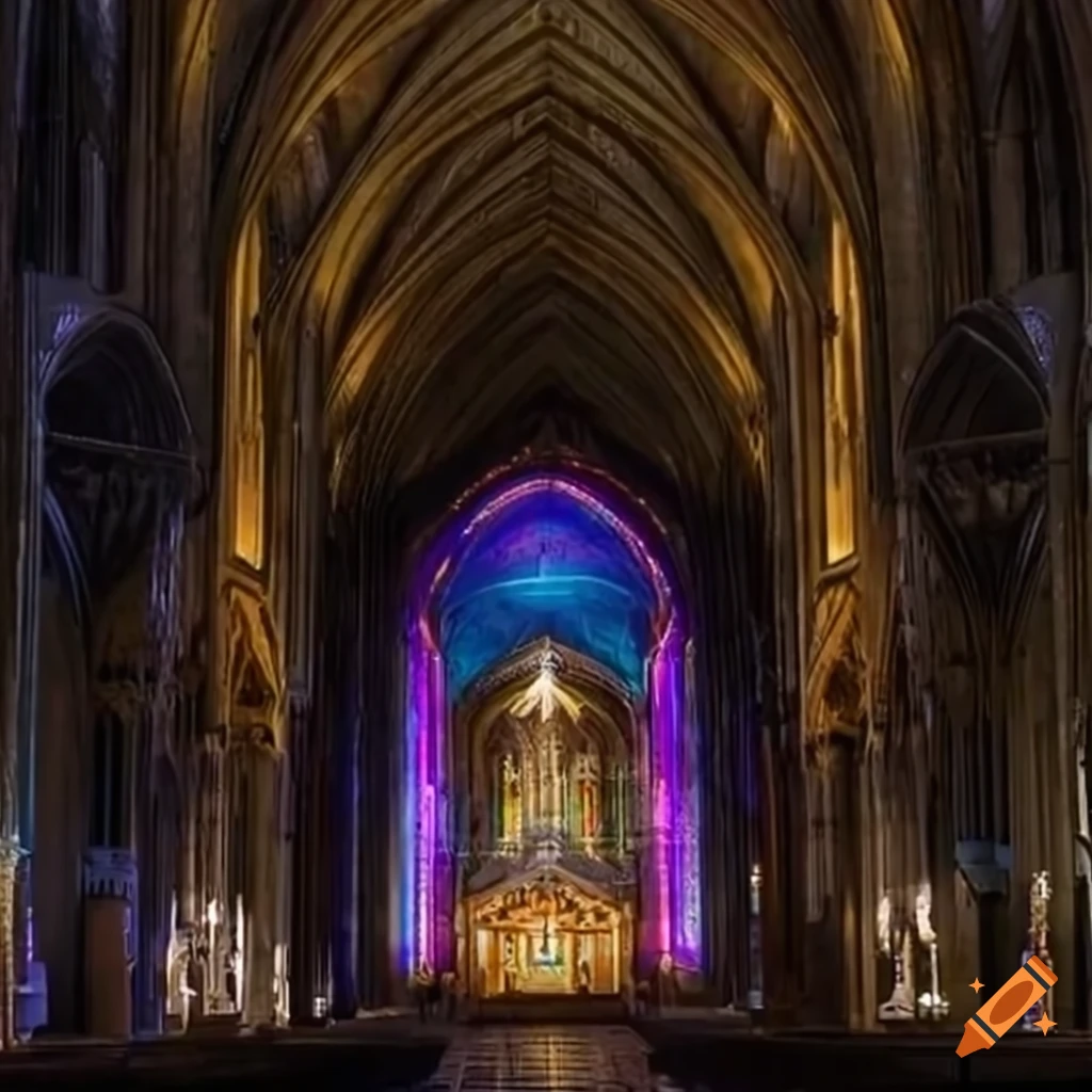 Stained glass and laser projections in a cathedral on Craiyon