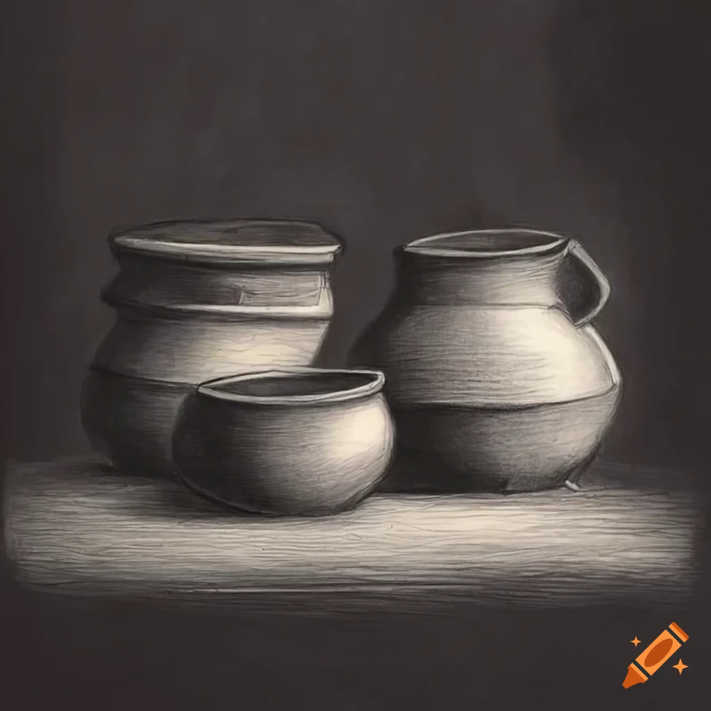 Realistic pencil drawing of arranged pots
