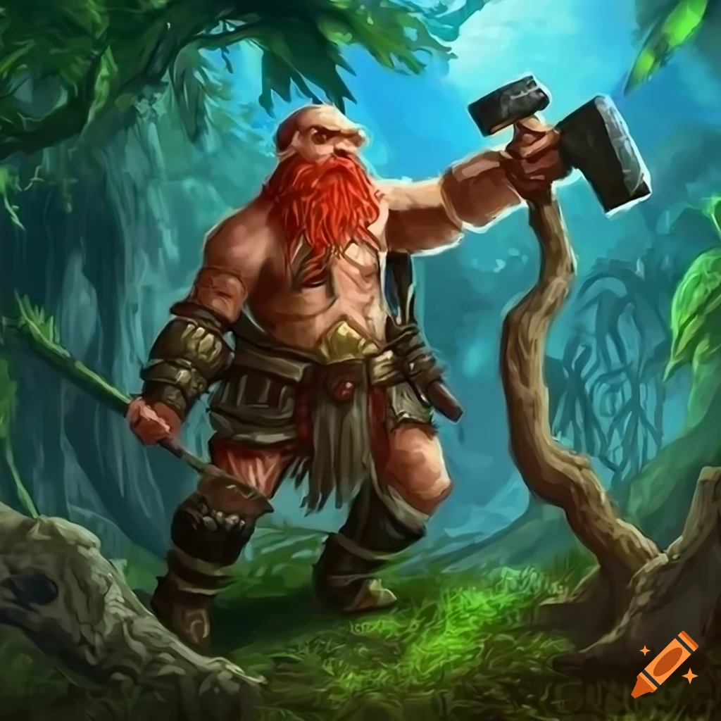 Detailed fantasy art of a red-bearded dwarf with a big hammer on Craiyon